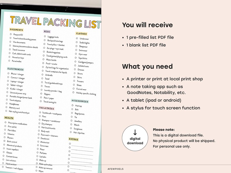 Travel Packing Checklist - Printable PDF, Goodnotes, Notability Digital ...