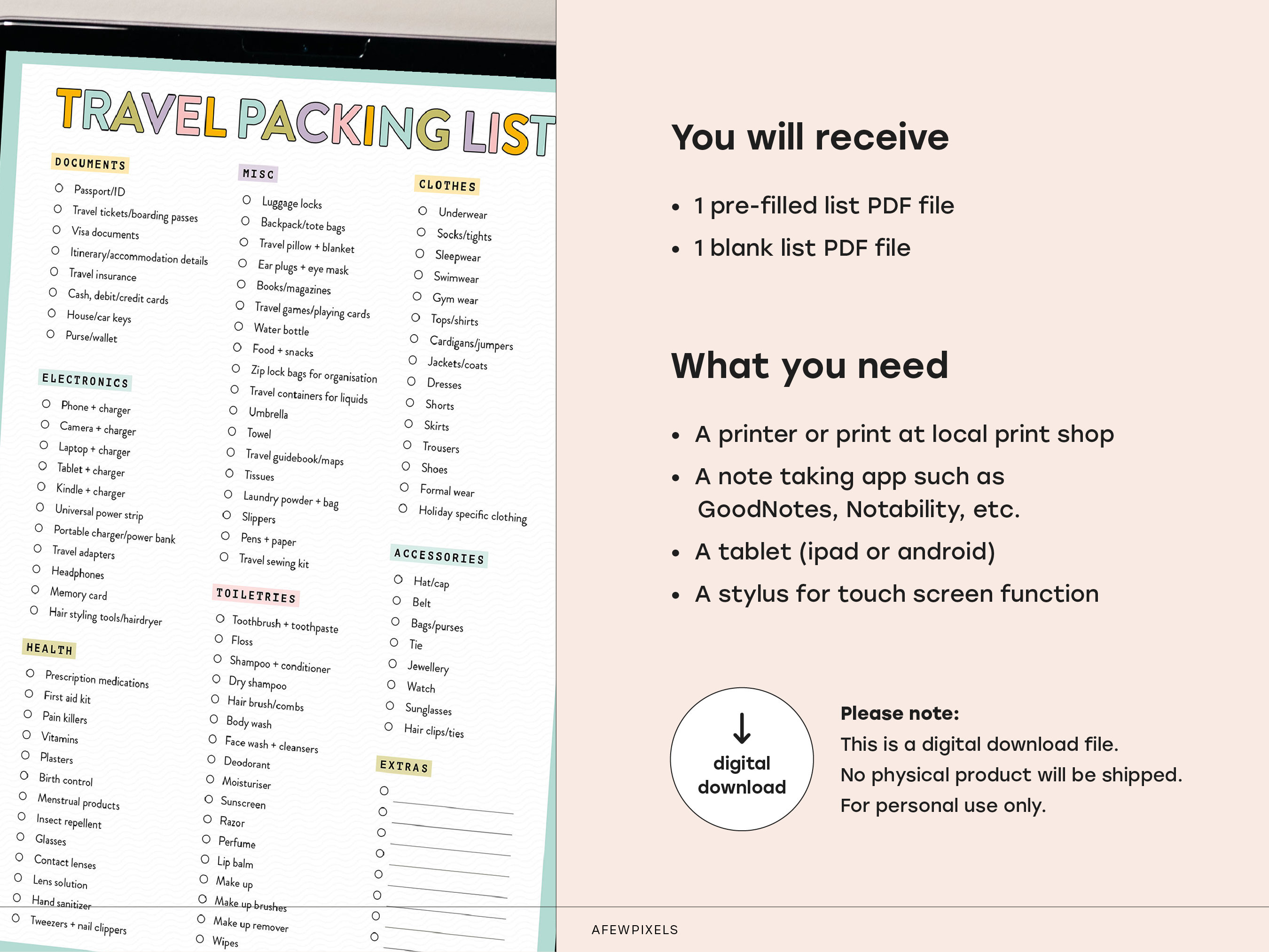 Travel Packing Checklist - Printable PDF, Goodnotes, Notability Digital ...