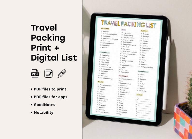 Travel Packing Checklist - Printable PDF, Goodnotes, Notability Digital ...