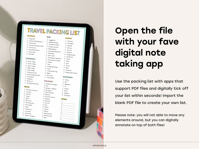 Travel Packing Checklist - Printable PDF, Goodnotes, Notability Digital ...