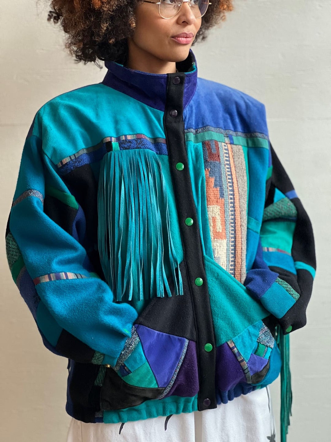 90's Santa Fe Re-creations Denver Fringe Patchwork Bomber Style ...
