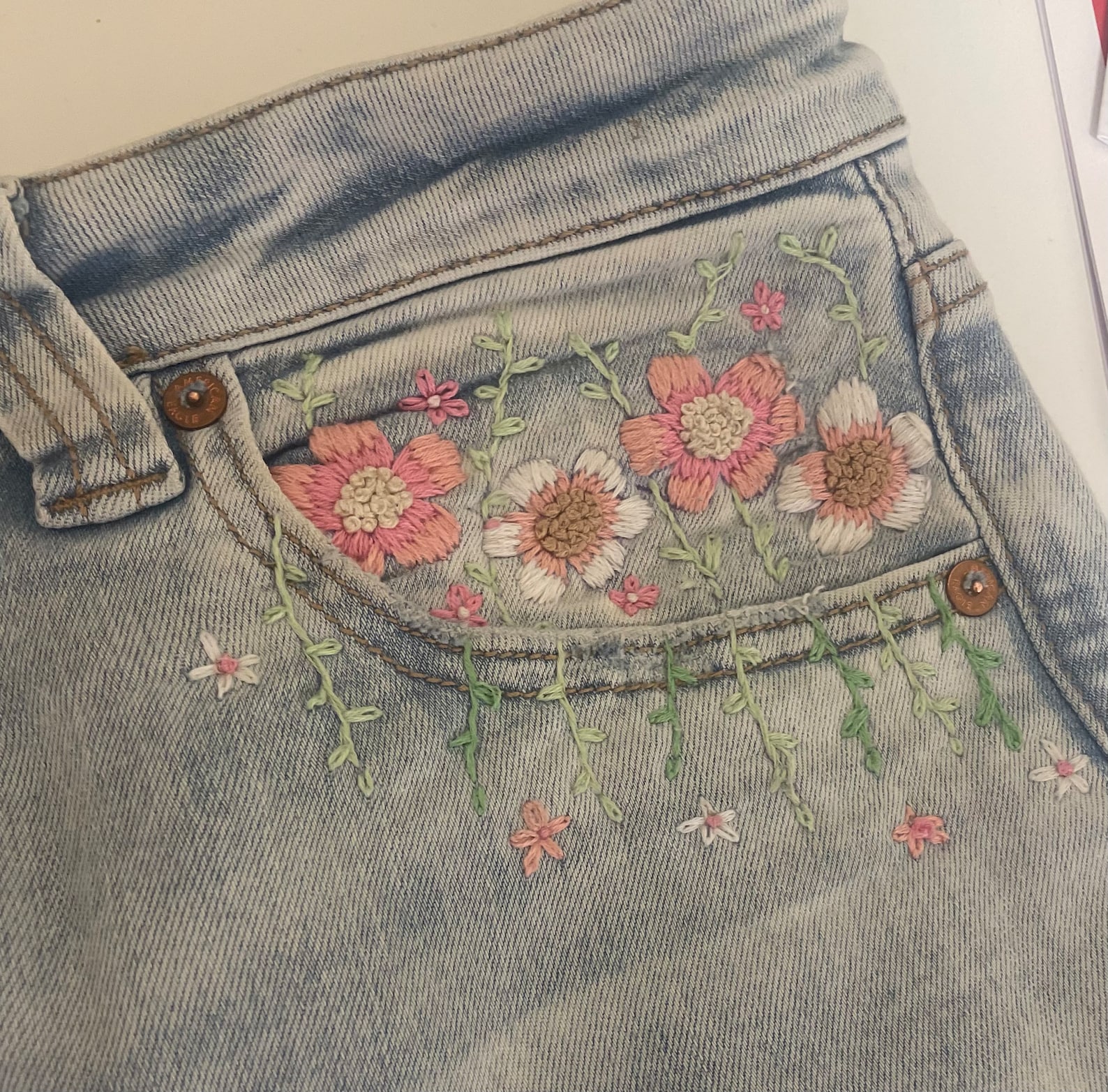 Floral Embroidered Jeans Pink Flower Vines High Rise Skinny Jean Summer ...