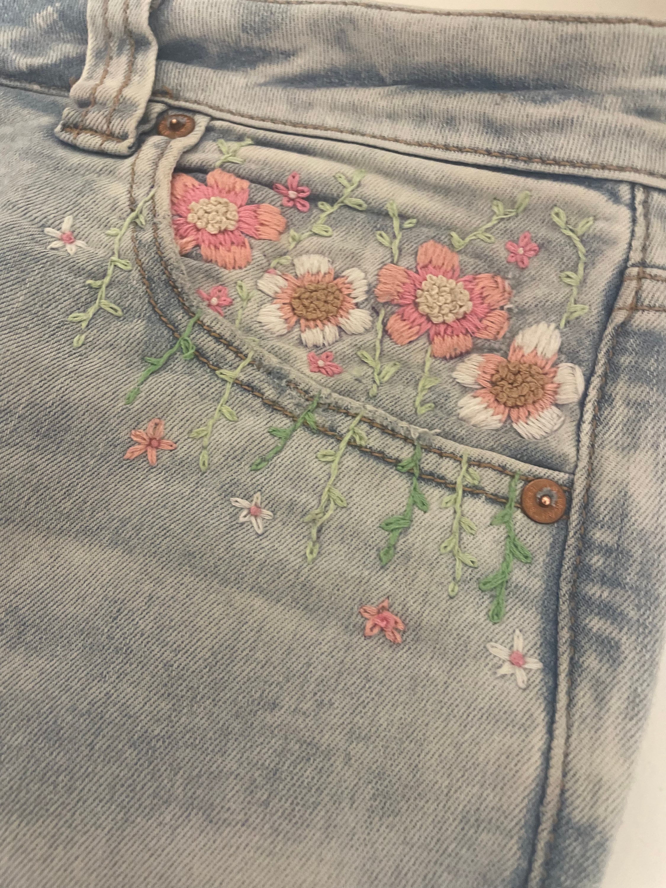 Floral Embroidered Jeans Pink Flower Vines High Rise Skinny Jean Summer ...