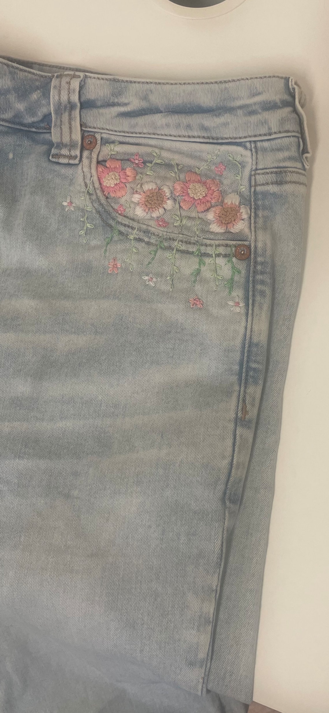 Floral Embroidered Jeans Pink Flower Vines High Rise Skinny Jean Summer ...