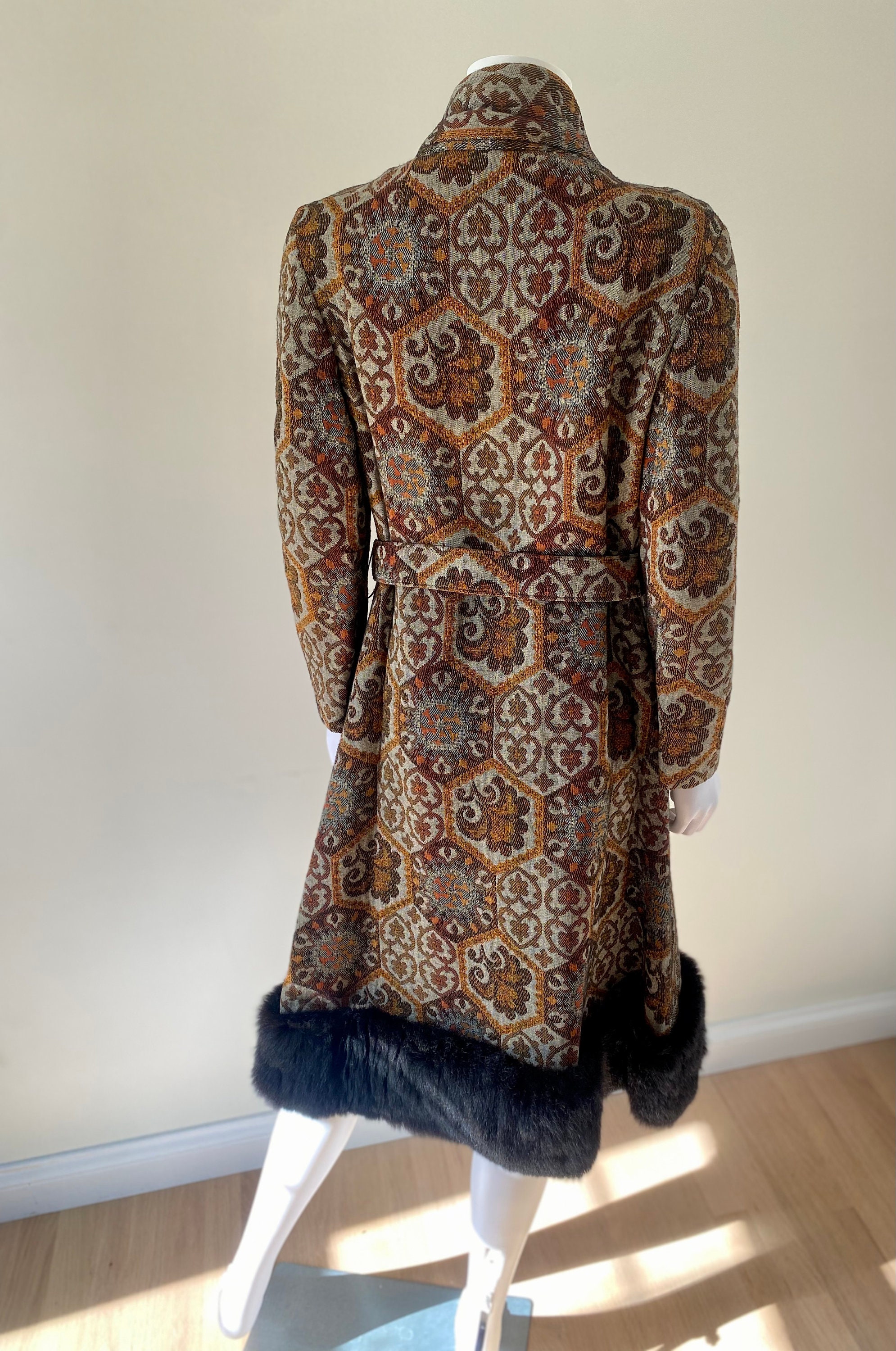 Vintage 1960s Tapestry Brocade Carpet Coat W Faux Fur Trim Attached ...