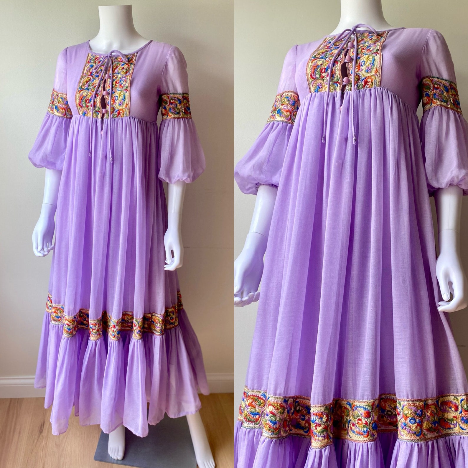 Vintage 1970s Lilac Cotton Voile Puff Sleeve Bohemian Peasant Maxi ...