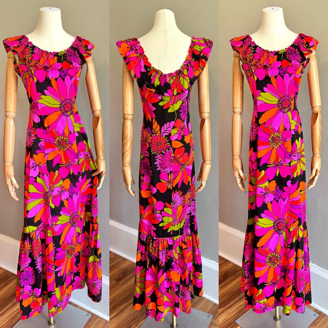 Vintage 1970s Waltah Clarke Hawaiian Maxi Dress, Day Glo Psychedelic ...