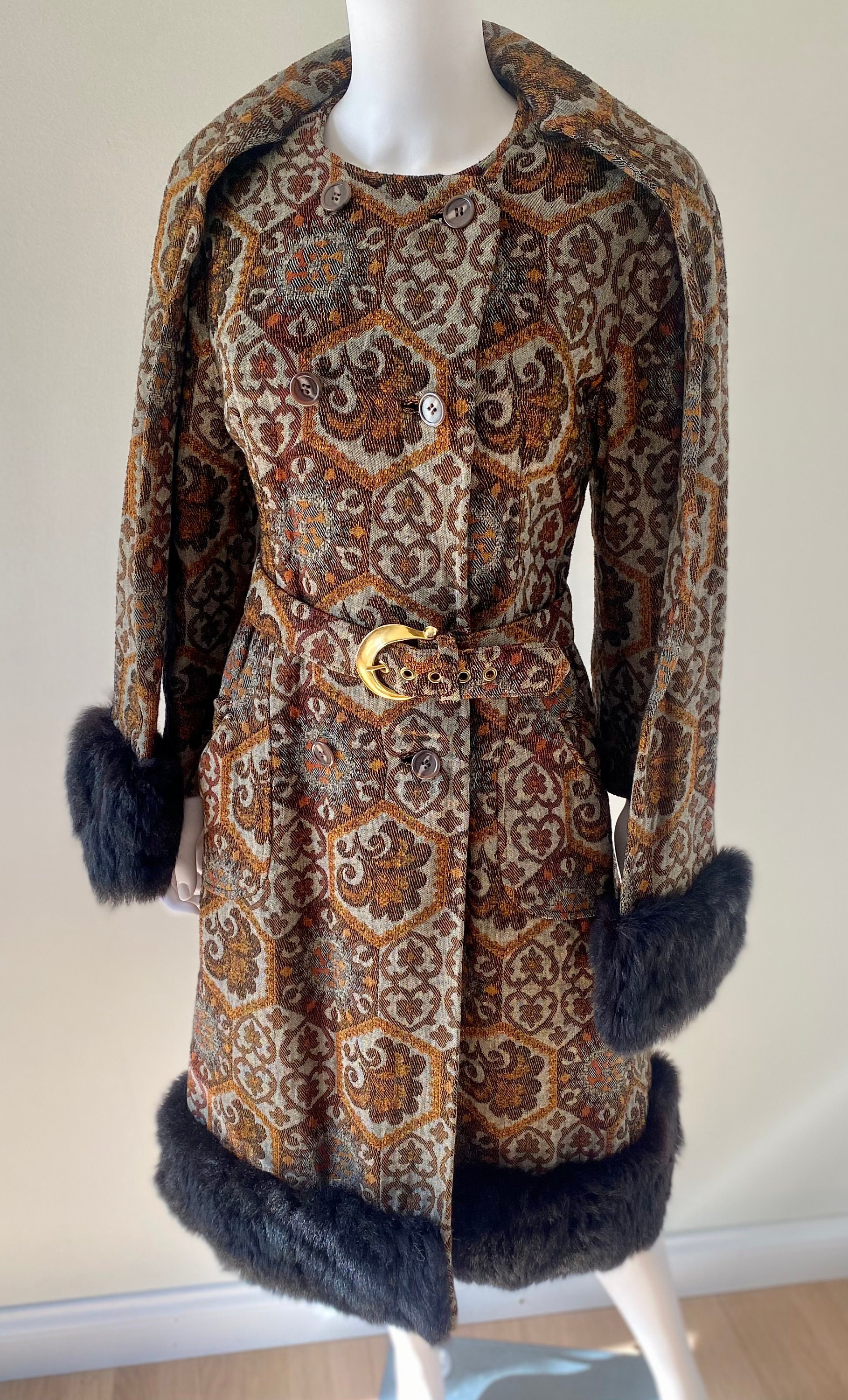 Vintage 1960s Tapestry Brocade Carpet Coat W Faux Fur Trim Attached ...