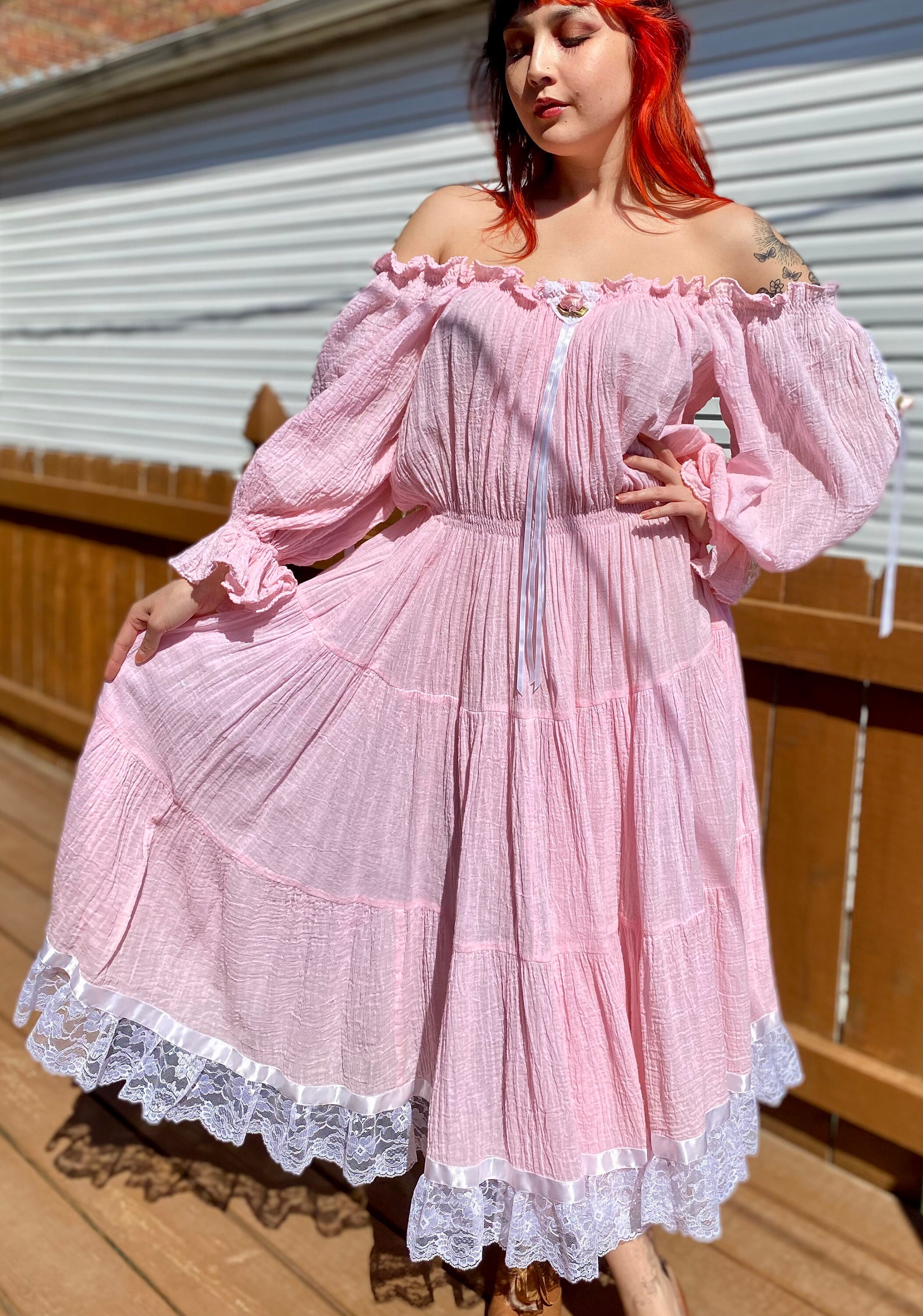 Vintage 1970s 80s ANNA KONYA Rare Pink Gauze Peasant Princess Renaissance Dress Bohemian Hippie ...