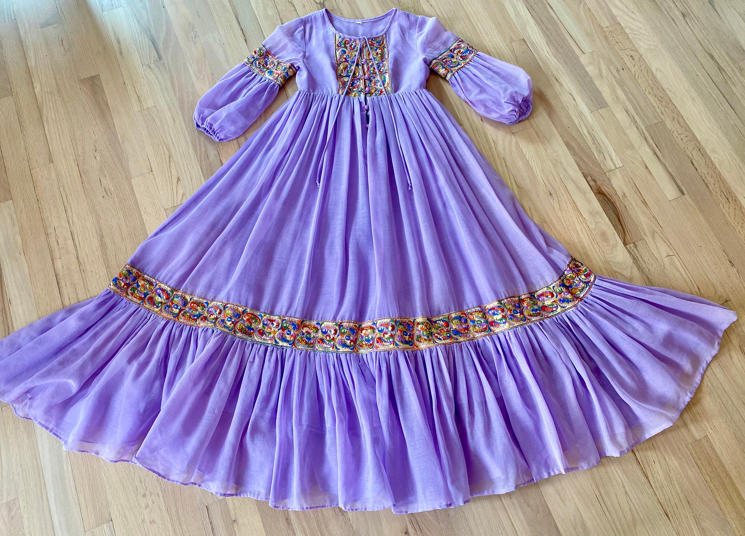 Vintage 1970s Lilac Cotton Voile Puff Sleeve Bohemian Peasant Maxi ...
