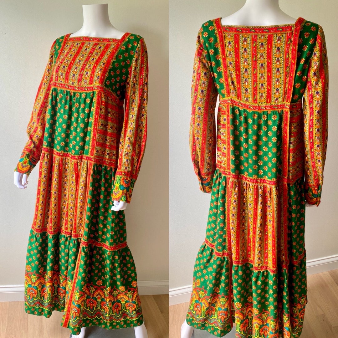 Vintage 1970s Psychedelic Day Glo Orange & Green Paisley Mixed Folk ...