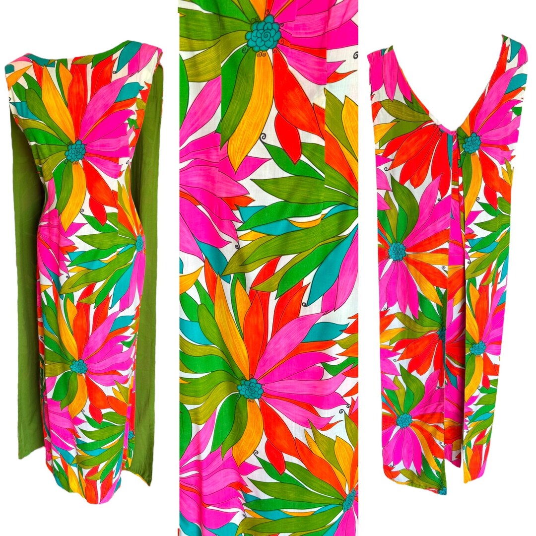 Vintage 1960s MALIHINI Day Glo Flower Power Hawaiian Maxi Dress W ...