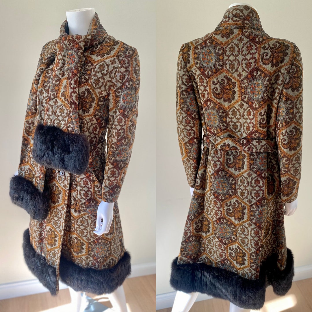 Vintage 1960s Tapestry Brocade Carpet Coat W Faux Fur Trim Attached ...