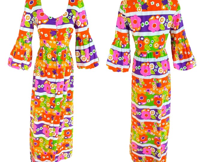 Vintage 1970s MALIA Bright Flower Power Print Cotton Maxi Dress With ...