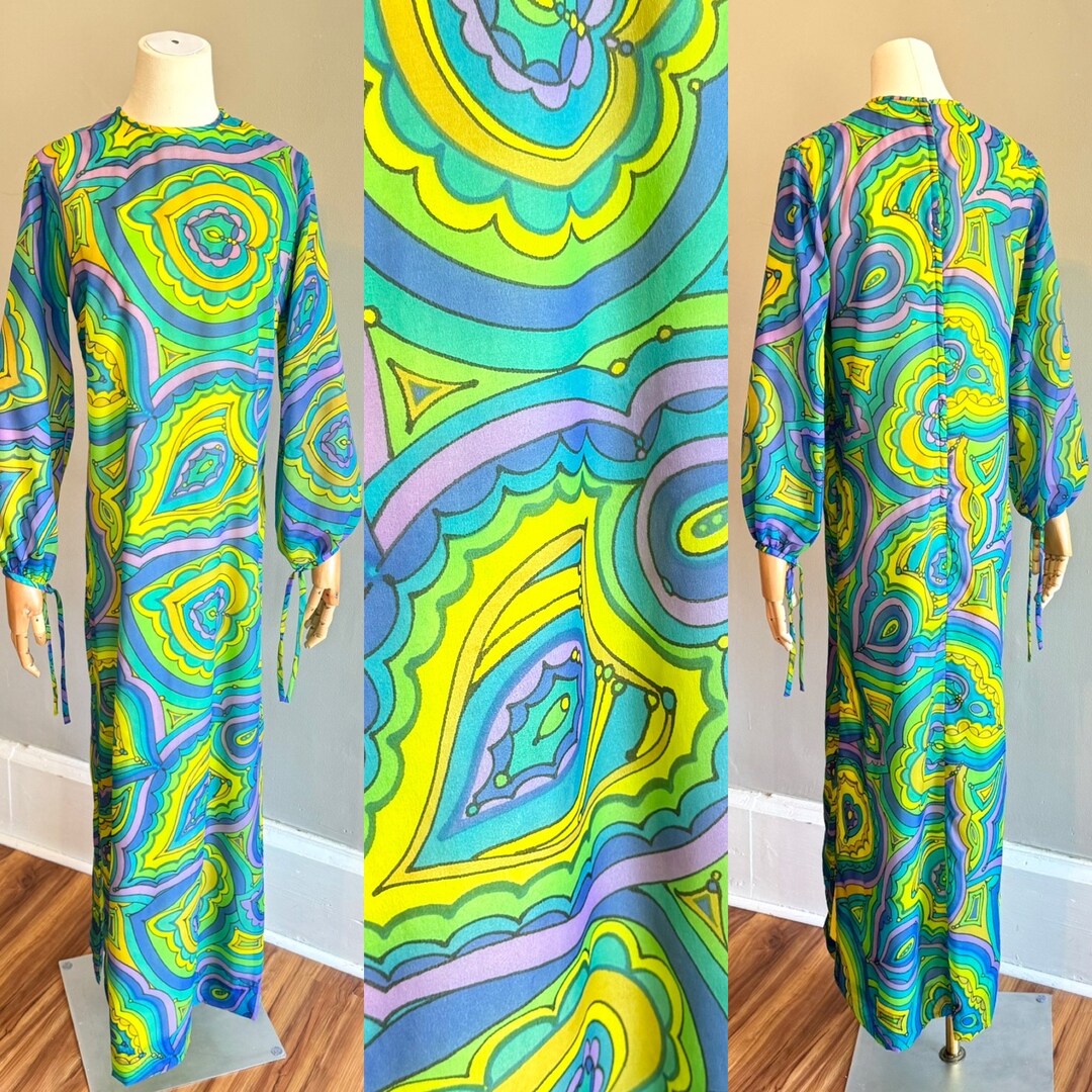 Vintage 1970s Malia / Andrade Psychedelic Swirl Print Hawaiian Maxi ...