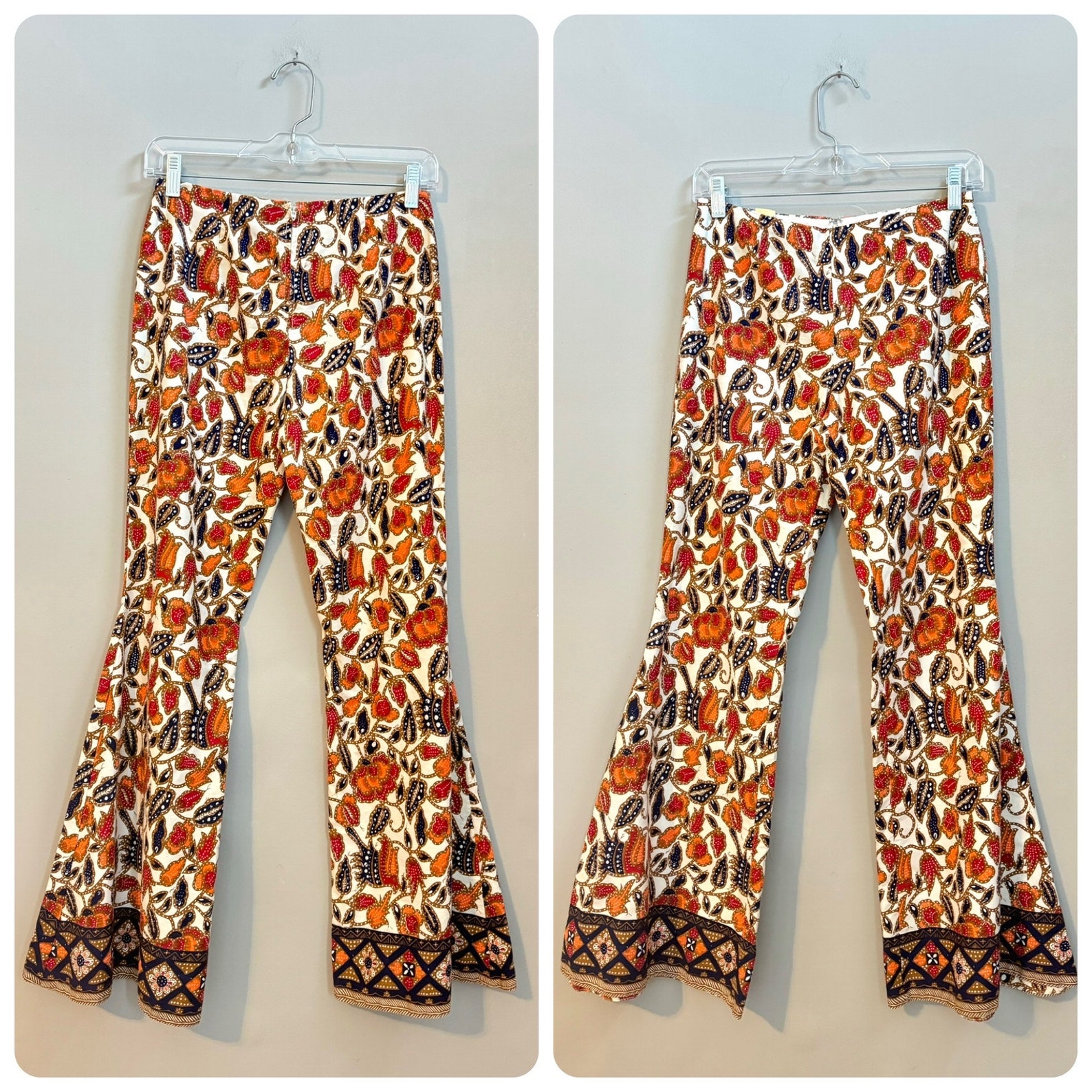 Vintage 1960s Batik Print Cotton Hip Hugger Bell Bottom Flare Pants Xs ...
