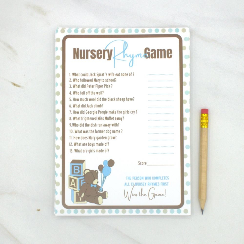 Teddy Bear Baby Shower Game Nursery Rhyme Baby Shower Game Printed Baby ...