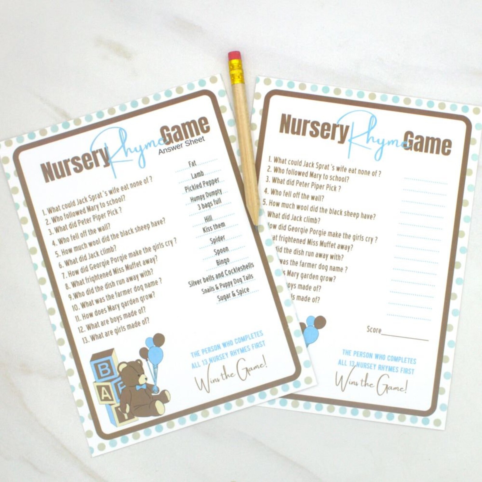 Teddy Bear Baby Shower Game Nursery Rhyme Baby Shower Game Printed Baby ...