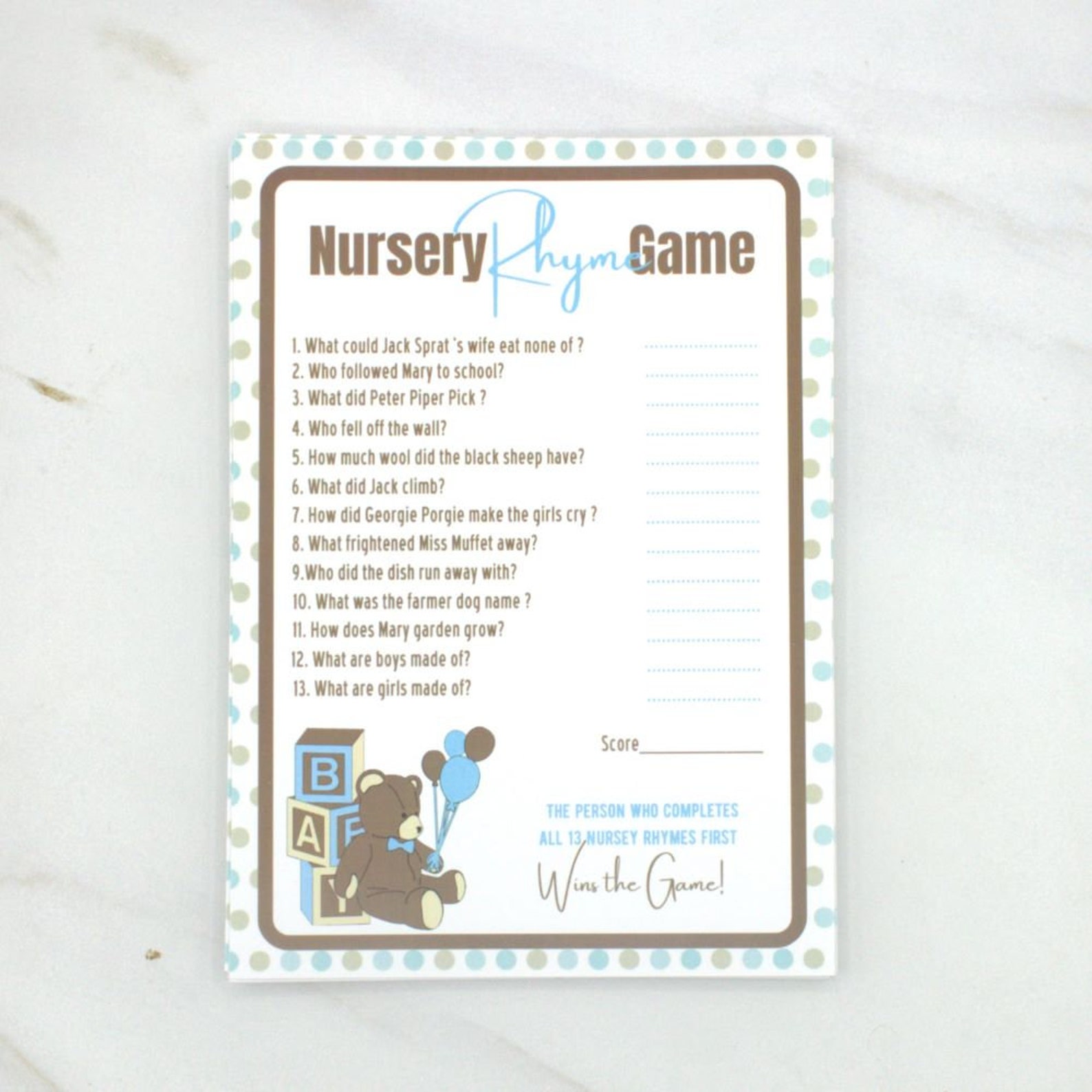 Teddy Bear Baby Shower Game Nursery Rhyme Baby Shower Game Printed Baby ...