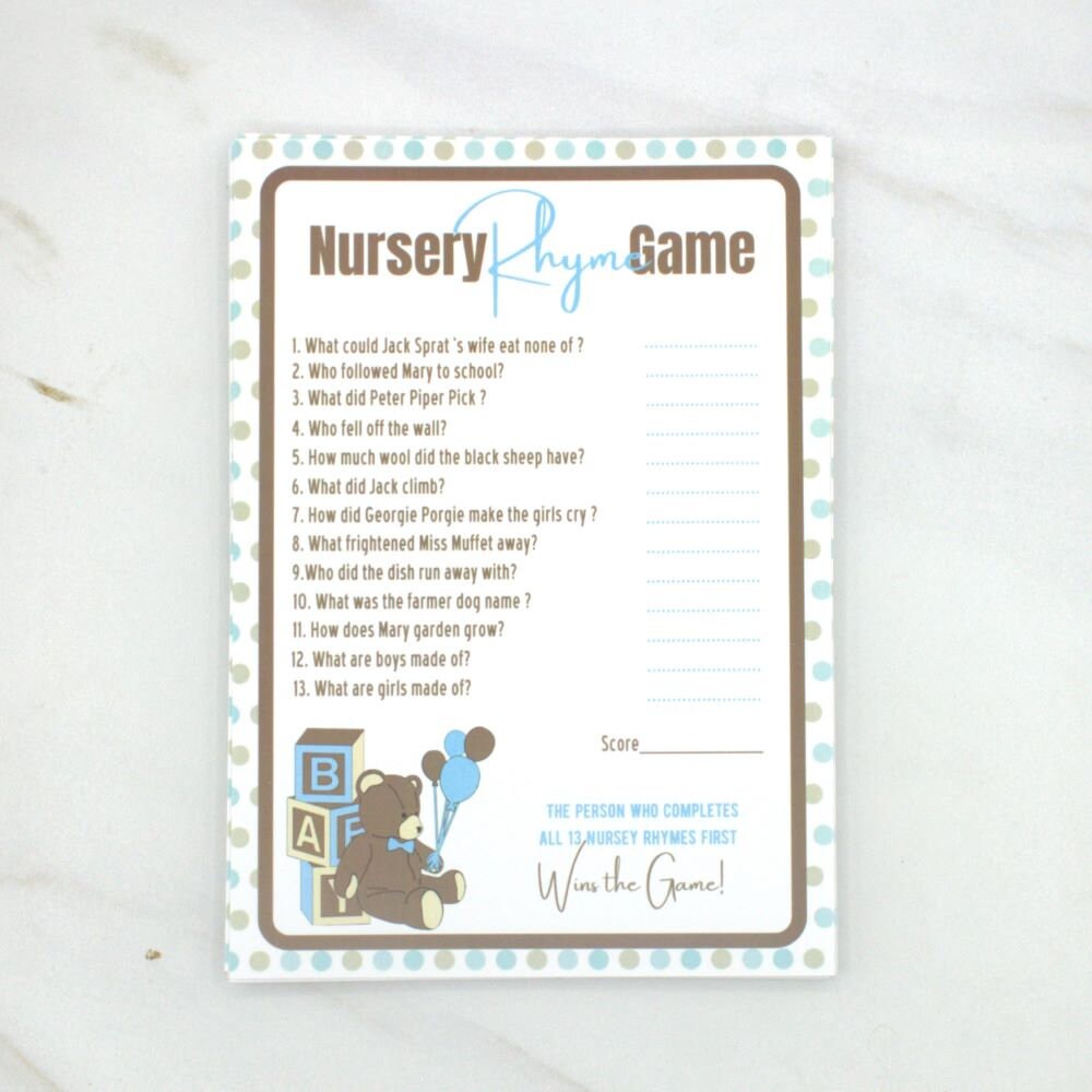 Teddy Bear Baby Shower Game Nursery Rhyme Baby Shower Game Printed Baby ...