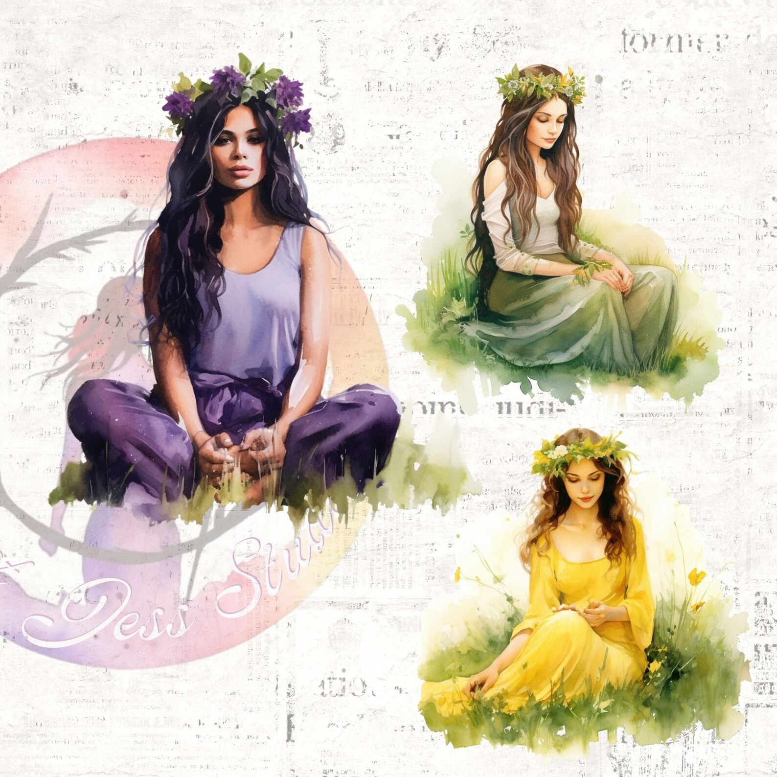 Watercolor Flower Crown Clipart, Summer Solstice, Litha, Witchy ...