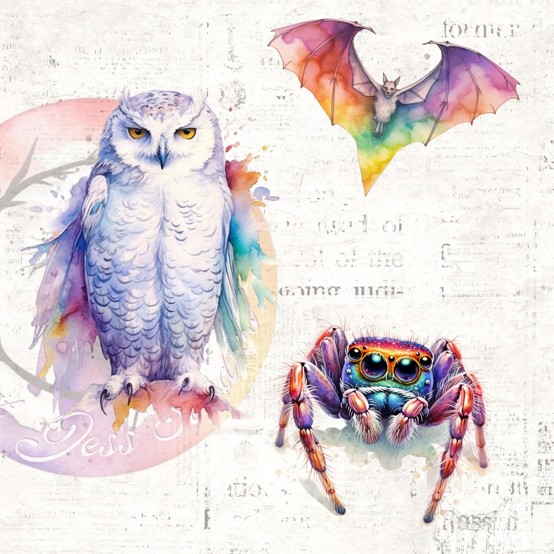 Rainbow Watercolor Animal Clipart Witch Familiar Art - Etsy