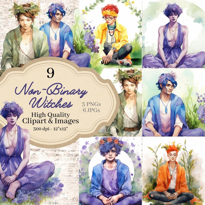 Watercolor Nonbinary Clipart, Summer Solstice, Litha, Witch Stickers ...