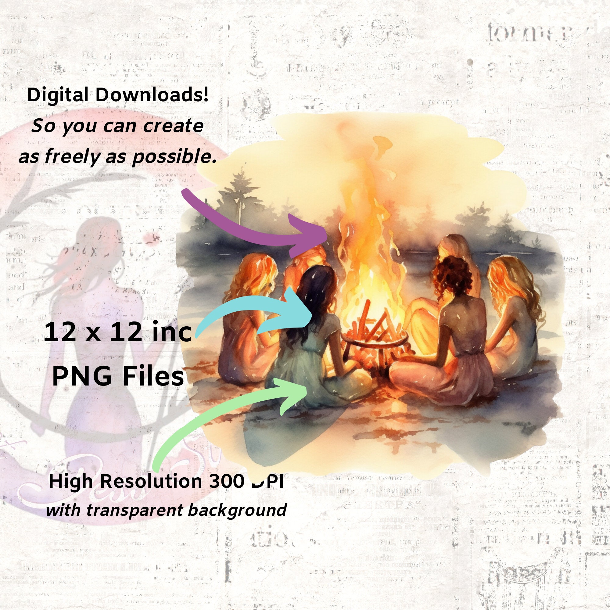 Bonfire Witches Watercolor Clipart, Summer Solstice, Litha, Pagan ...
