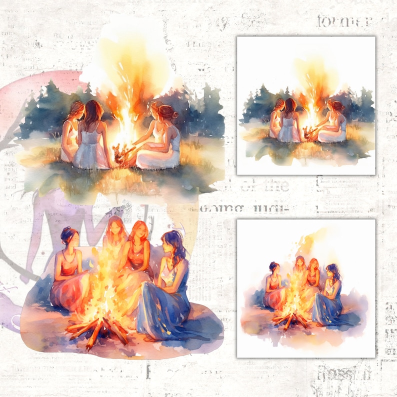Bonfire Witches Watercolor Clipart, Summer Solstice, Litha, Pagan ...