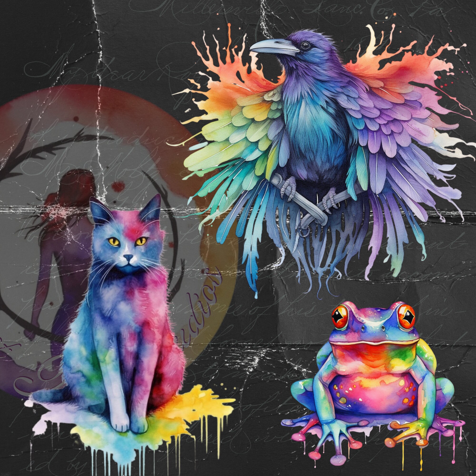 Rainbow Watercolor Animal Clipart Witch Familiar Art - Etsy