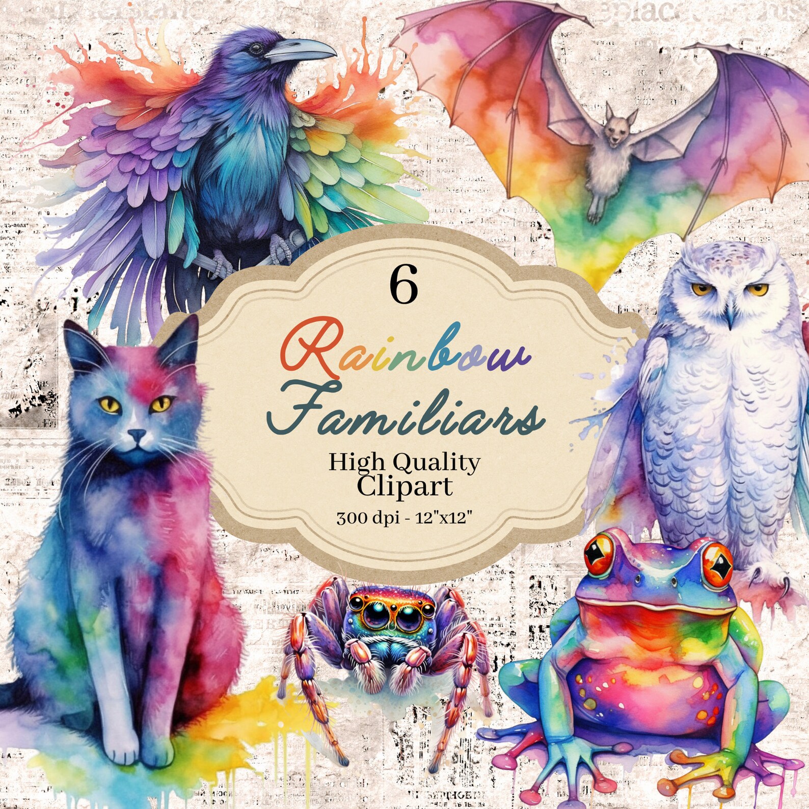 Rainbow Watercolor Animal Clipart Witch Familiar Art - Etsy