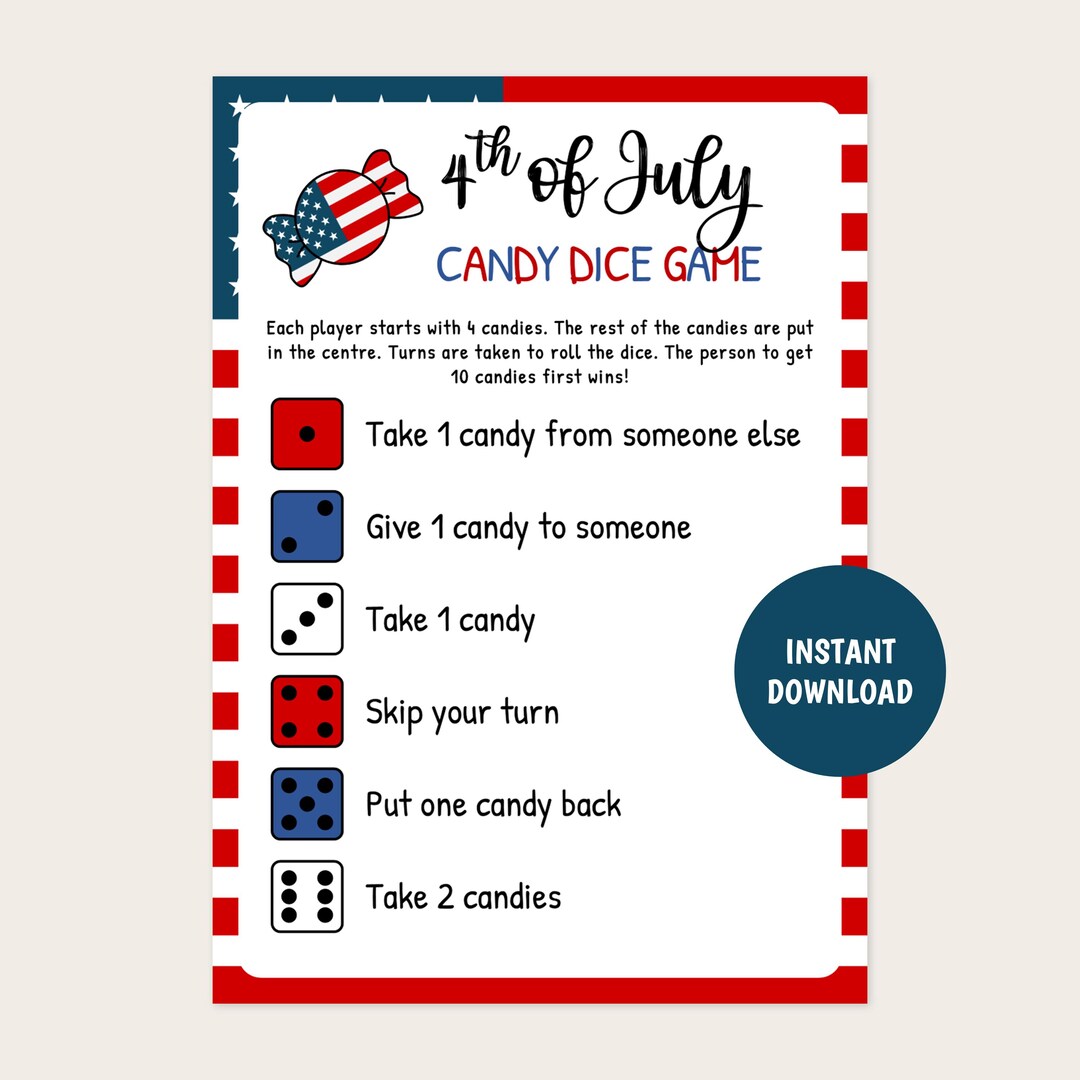 4th of July Candy Dice Game | Printable 4th July Game | Independence ...