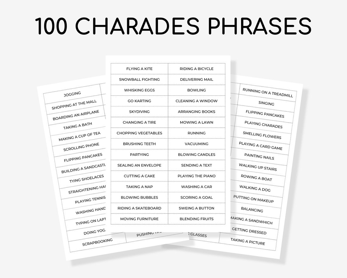 100 Charades Phrases | Printable Charades Game | Family Charades Game ...