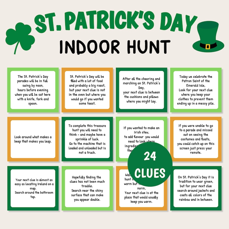 St Patrick's Day Treasure Hunt Game | Indoor Hunt Clues | Scavenger ...