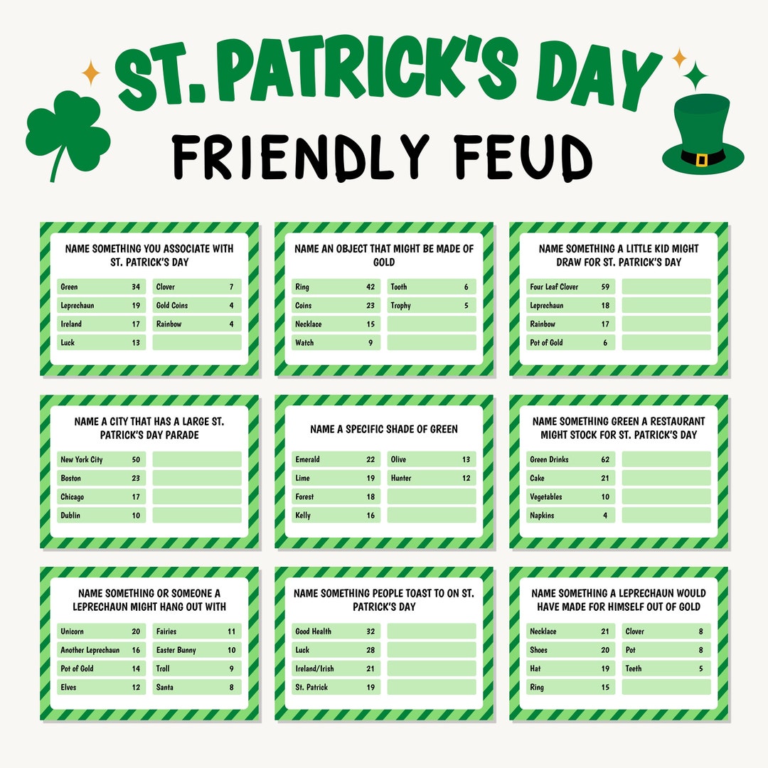 St Patrick's Day Friendly Feud Game St Patrick's Trivia Printable St ...