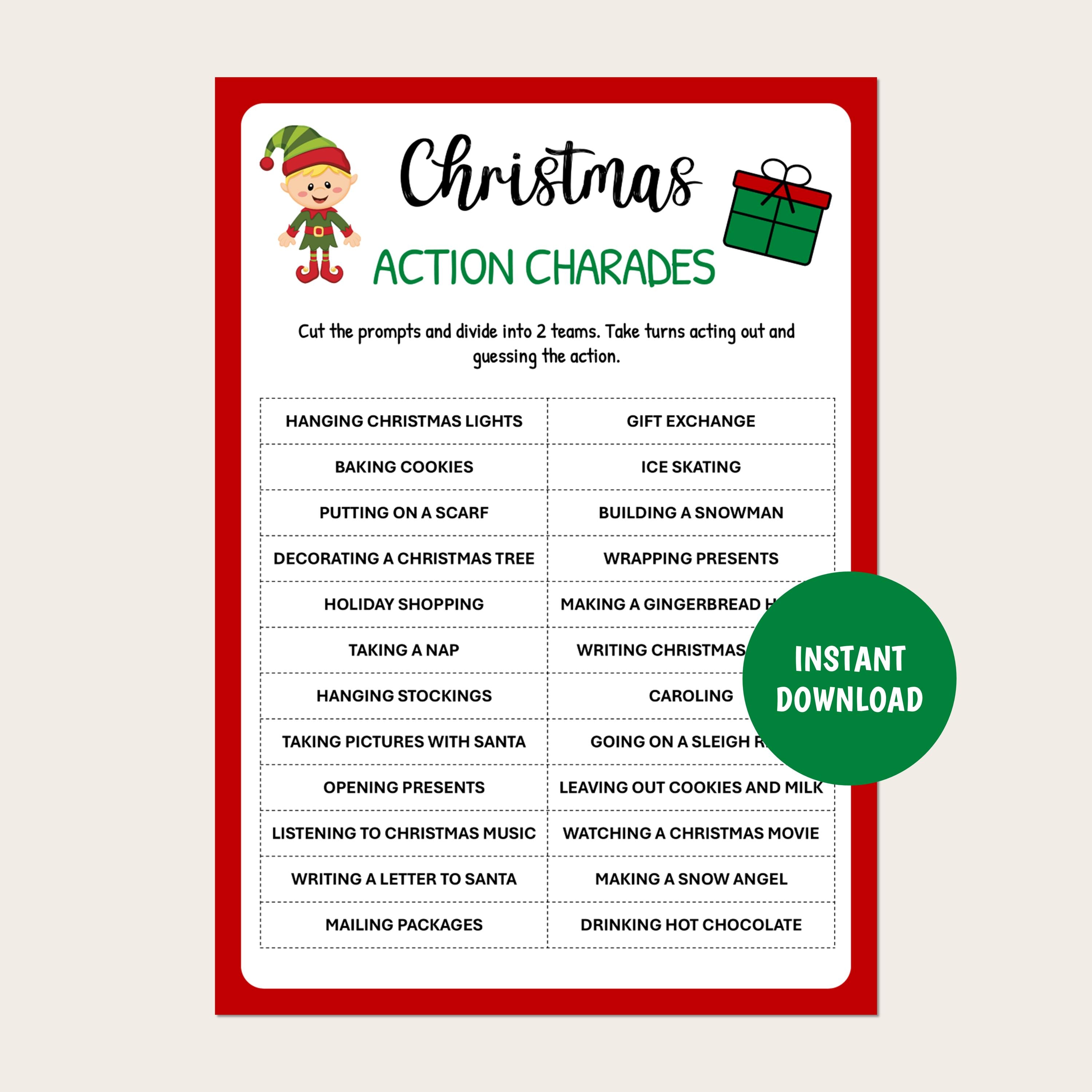 Christmas Action Charades Game | Christmas Charades Game | Printable ...