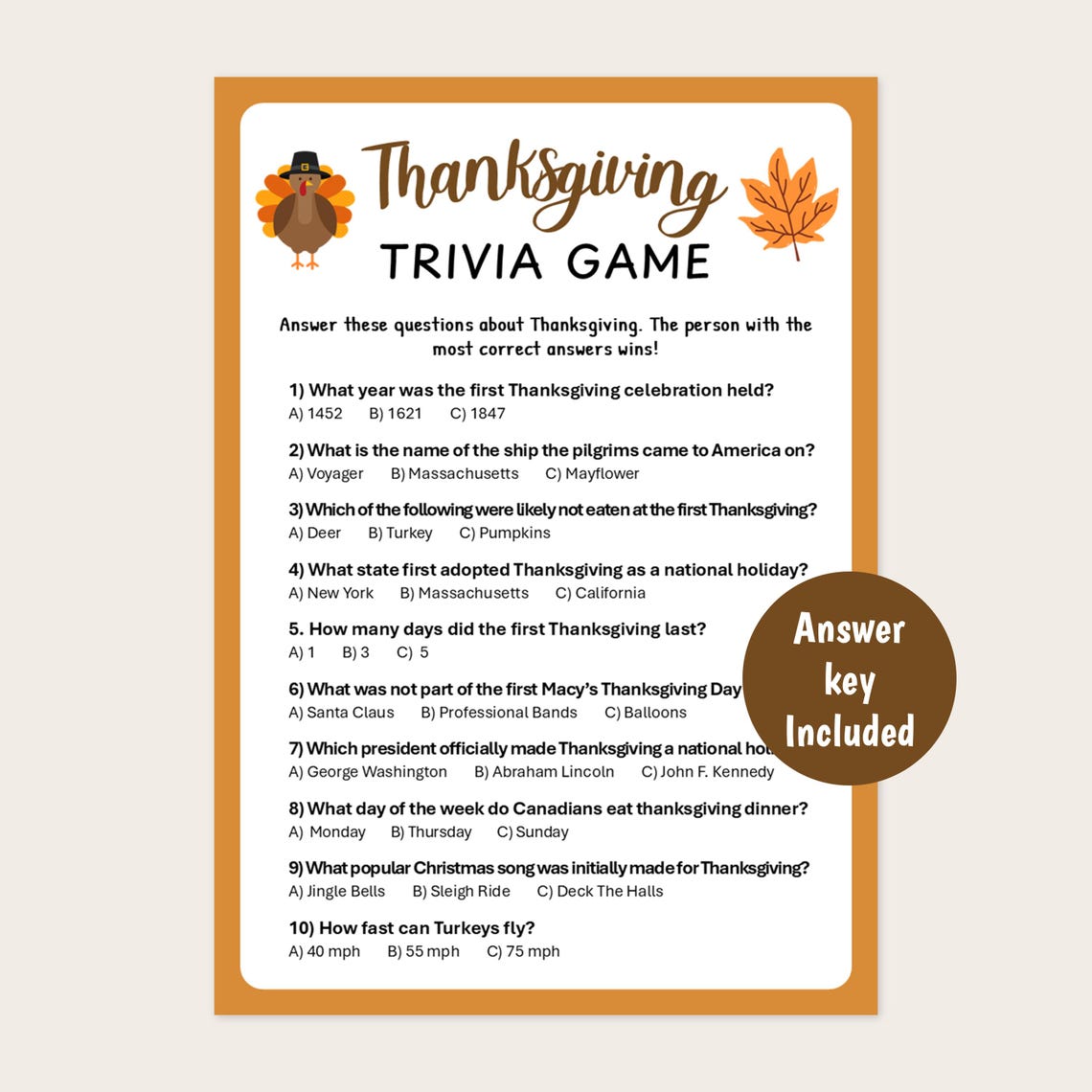 Thanksgiving Trivia Game | Gift Swap Game | Printable Thanksgiving ...