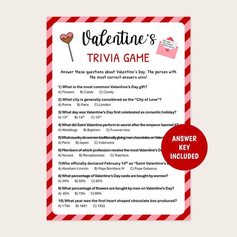 Valentine's Trivia Game | Valentine's Quiz | Printable Valentine's ...