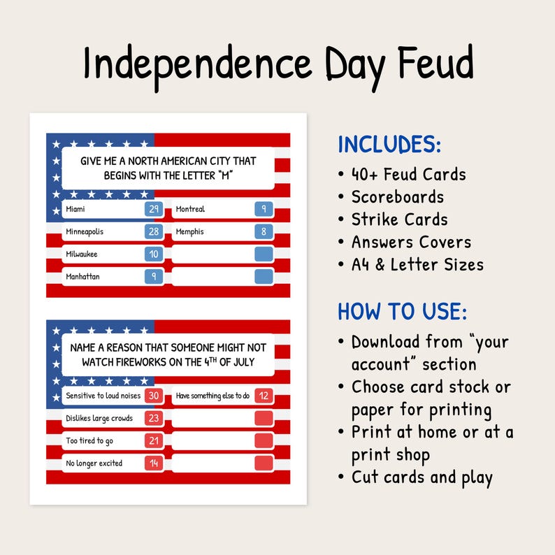 4th of July Friendly Feud Game | 4th July Trivia | Printable 4th of ...