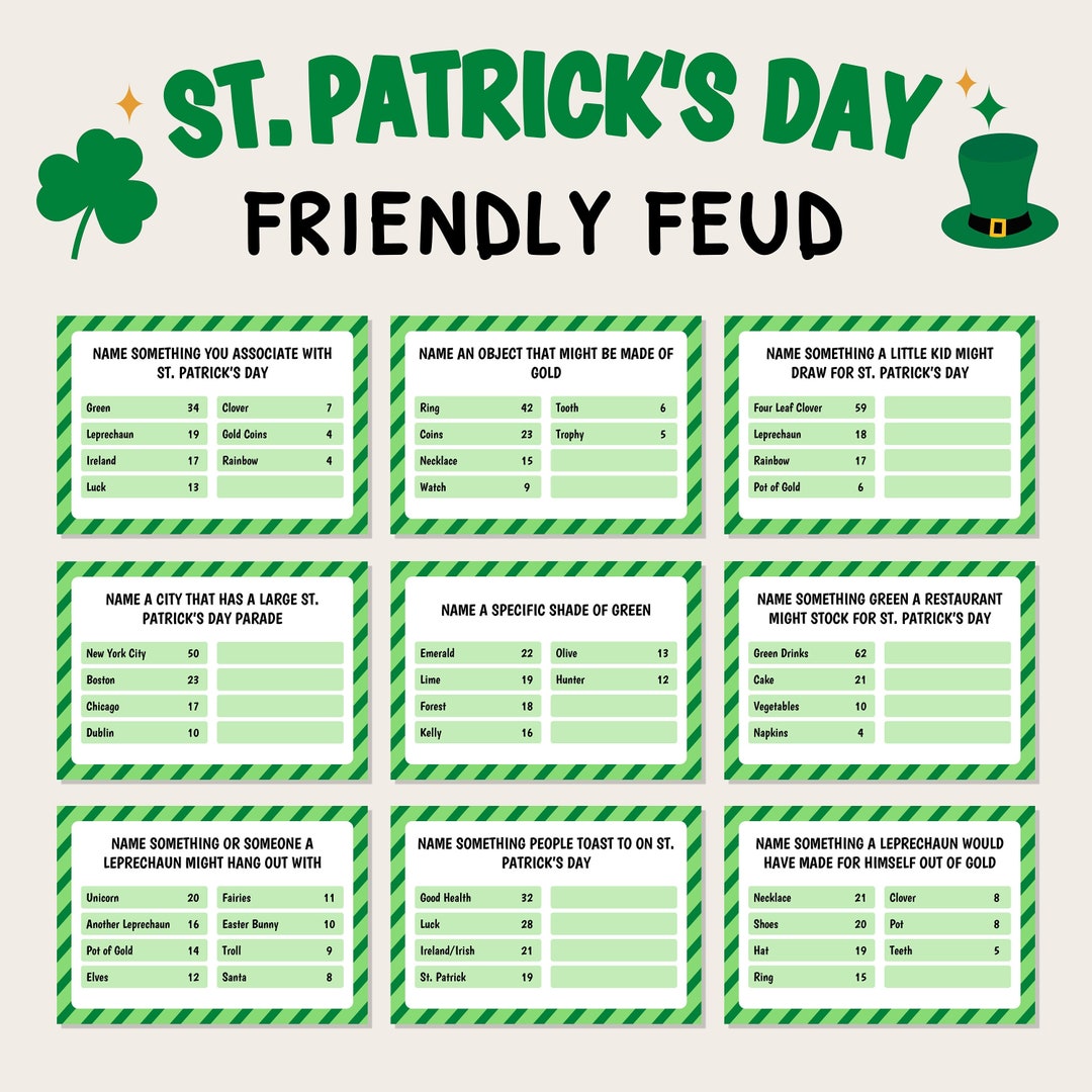 St Patrick's Day Friendly Feud Game | St Patrick's Trivia | Printable ... St Patrick's Day Friendly Feud Game | St Patrick's Trivia | Printable ...
