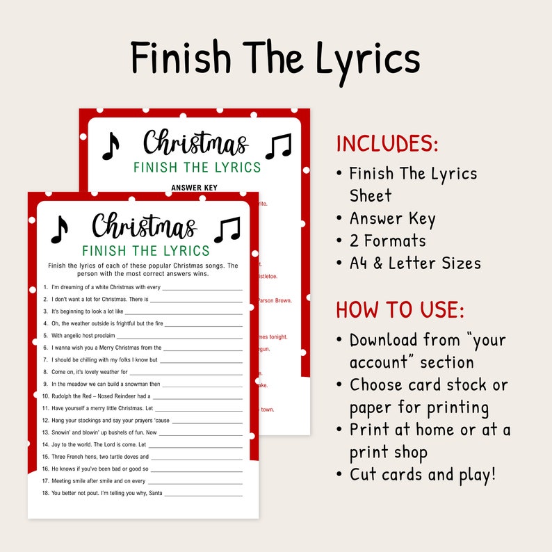 Christmas Finish the Lyrics Game | Printable Christmas Game | Finish ...