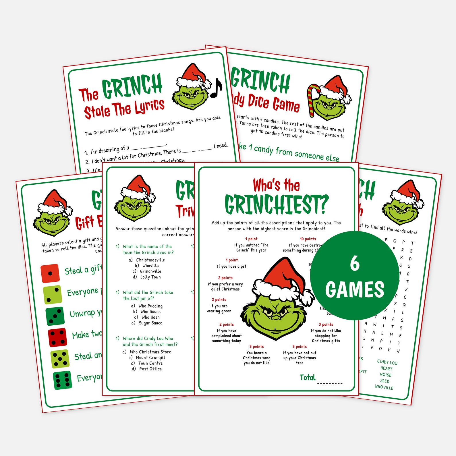 Grinch Game Bundle Grinch Games Printable Christmas Game Christmas ...