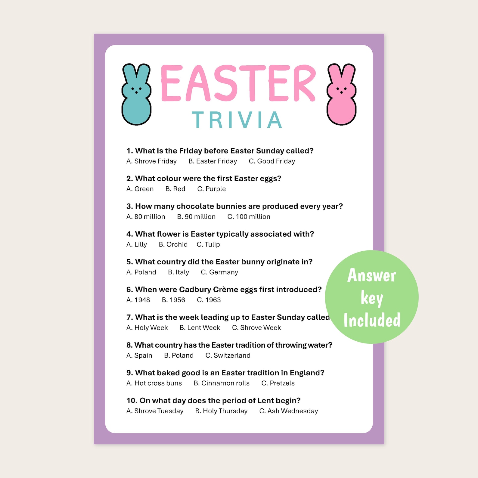 Easter Game Trivia | Printable Easter Game | Easter Quiz | Easter Game ...