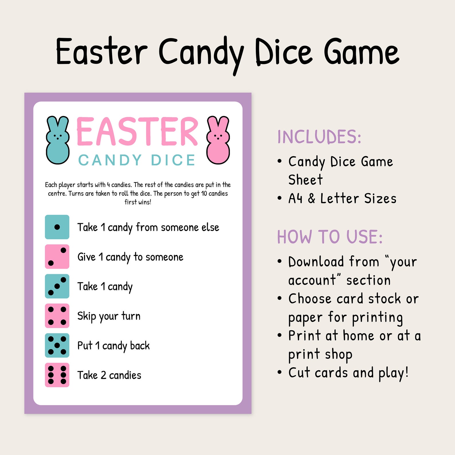Easter Candy Dice Game | Printable Easter Game | Easter Dice Game ...
