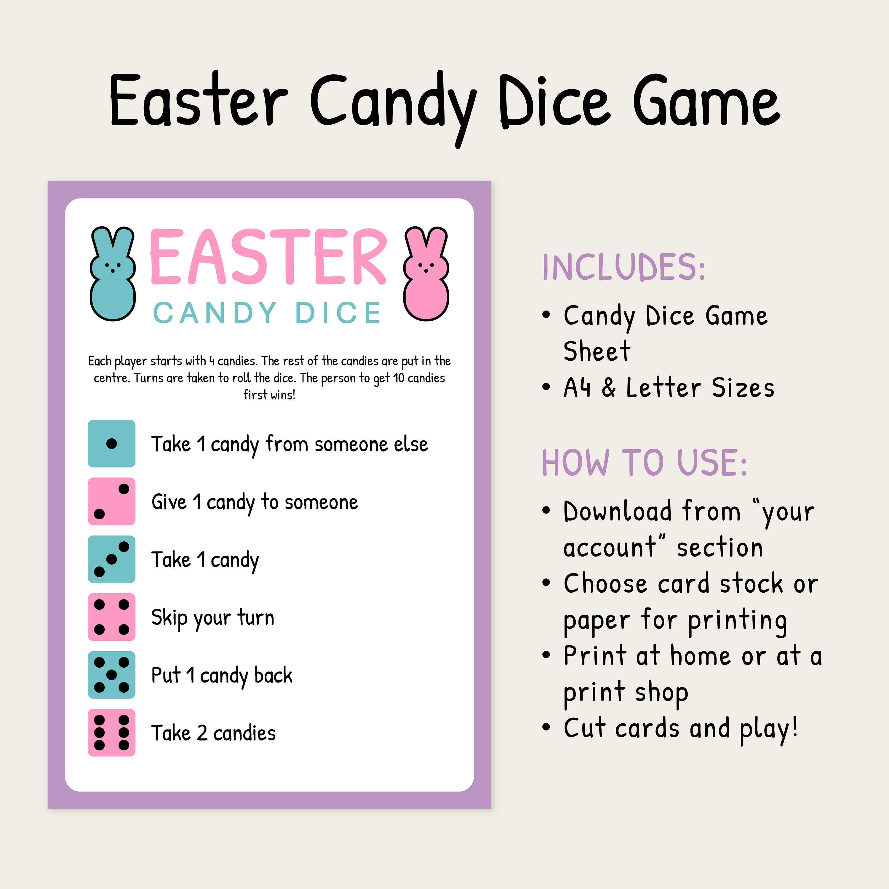Easter Candy Dice Game | Printable Easter Game | Easter Dice Game ...