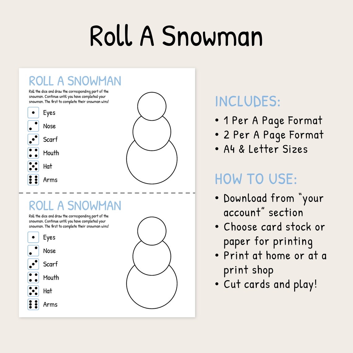 Roll A Snowman Game | Printable Christmas Game | Christmas Games for ...