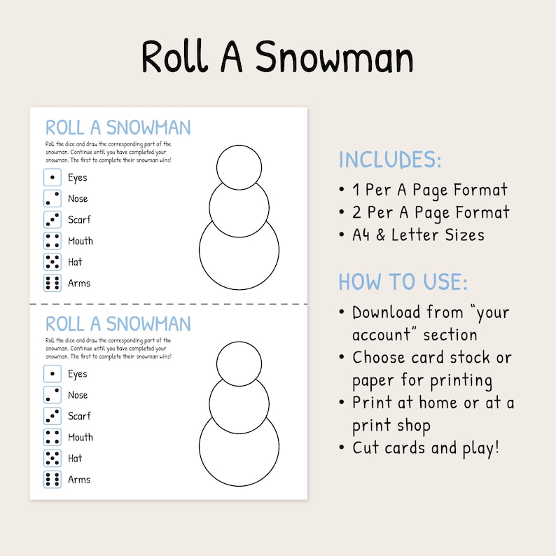 Roll A Snowman Game | Printable Christmas Game | Christmas Games for ...