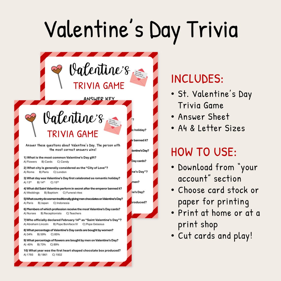 Valentine's Trivia Game | Valentine's Quiz | Printable Valentine's ...