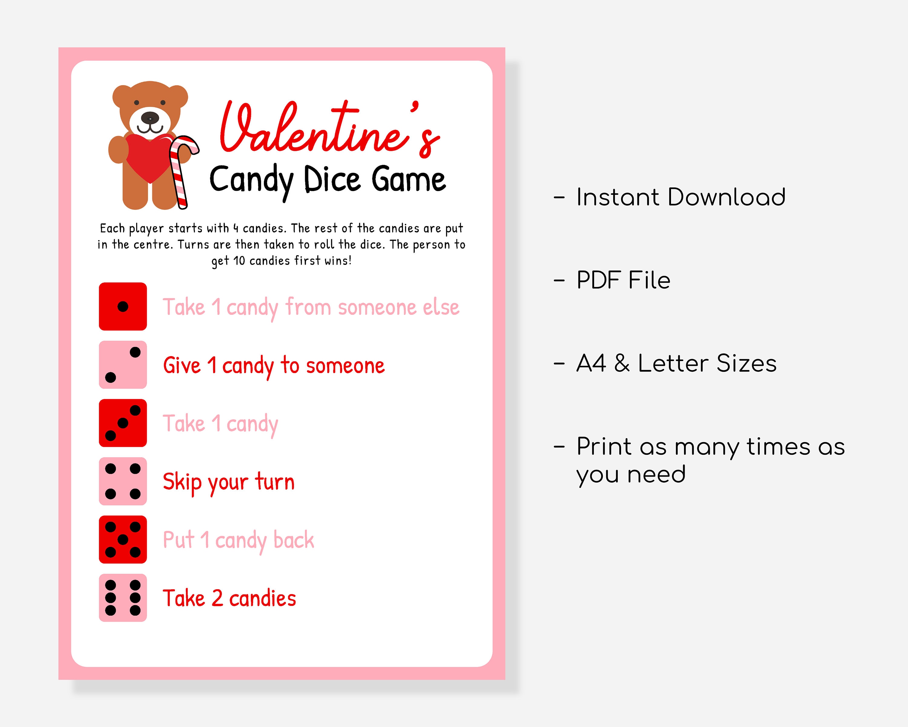 Valentines Candy Dice Game Printable Valentines Game Valentine Candy ...