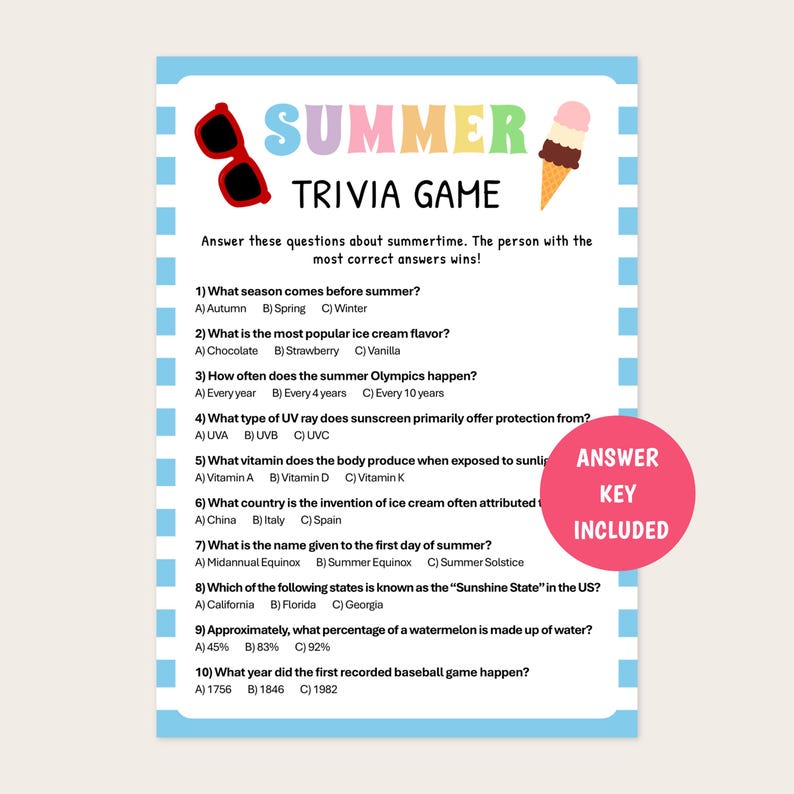 Summer Trivia Game | Printable Summertime Game | End of School Quiz ...
